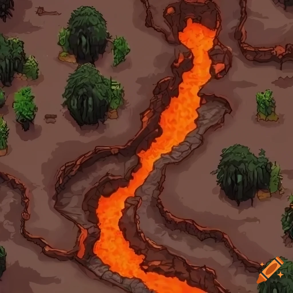 Top-down view of a path by a lava river with castle ruins in RPG maker tileset on Craiyon
