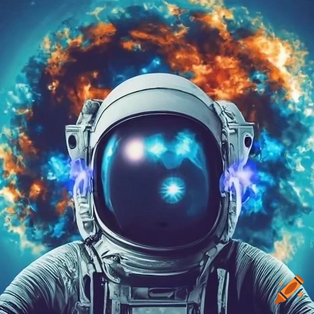 Front facing astronaut with a blue exploding star reflected in the ...