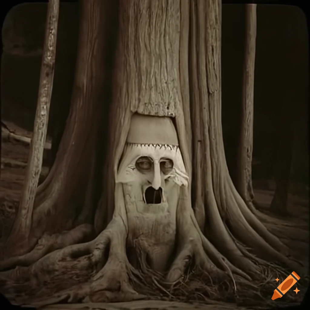 Giant tree with a face and opening in the roots in surreal arthouse ...