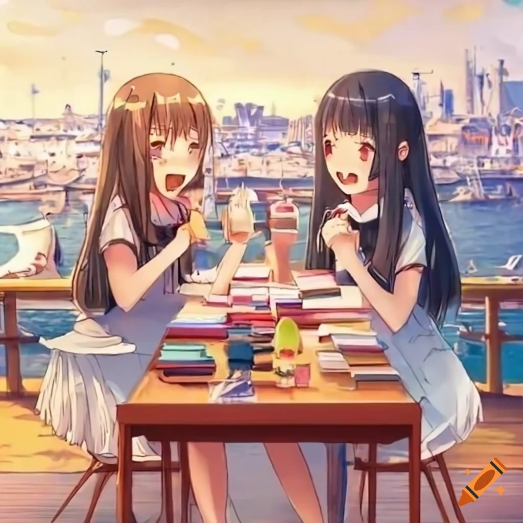 Cheerful anime girls studying science books in a crowded tearoom ...