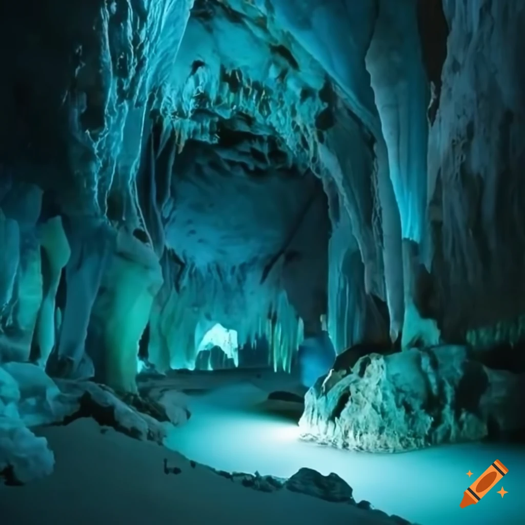 Large cave with turquoise crystalline formations and unique lighting on ...