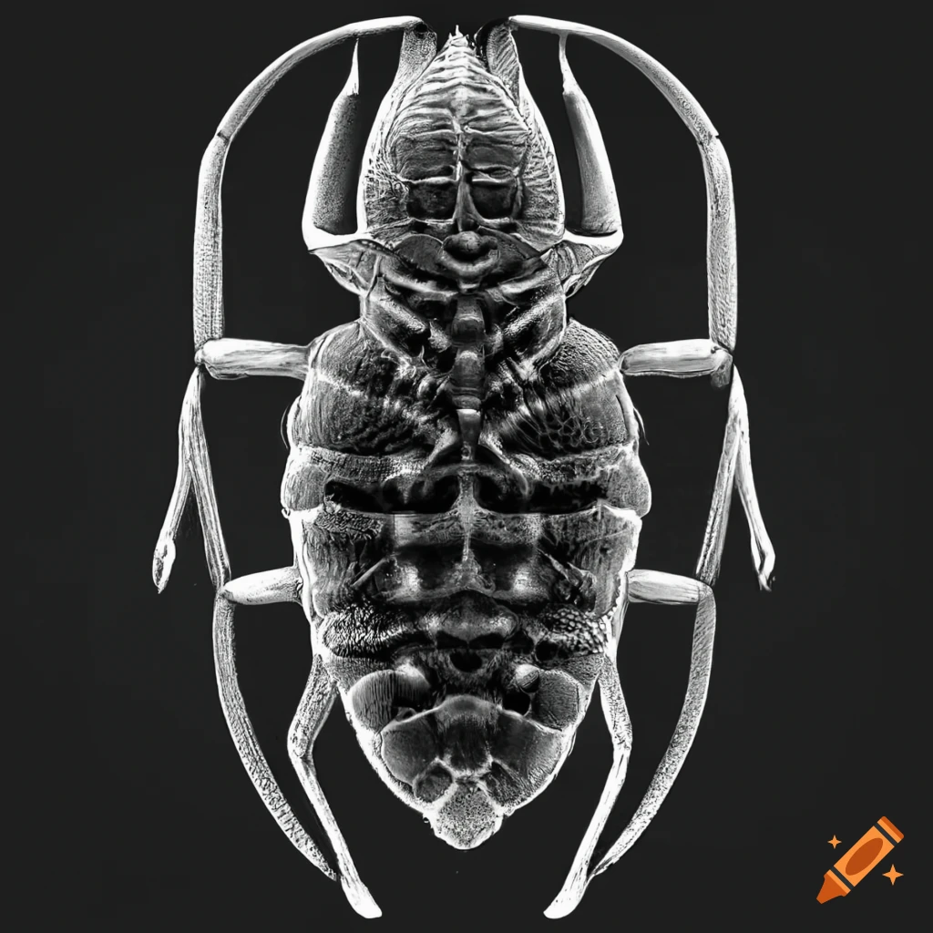 Alien insect from multiple angles with scientific labels in black and ...