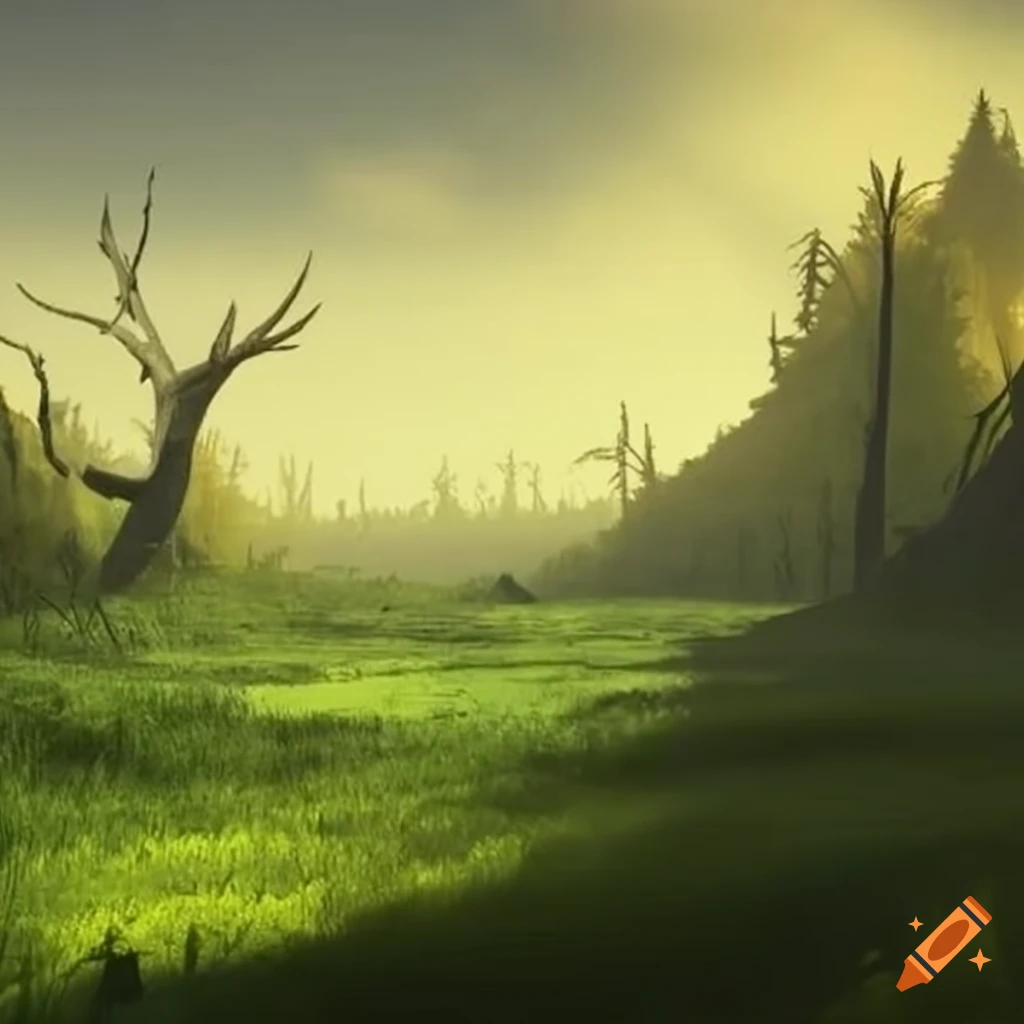 Peaceful grassy clearing in a prehistoric environment on Craiyon