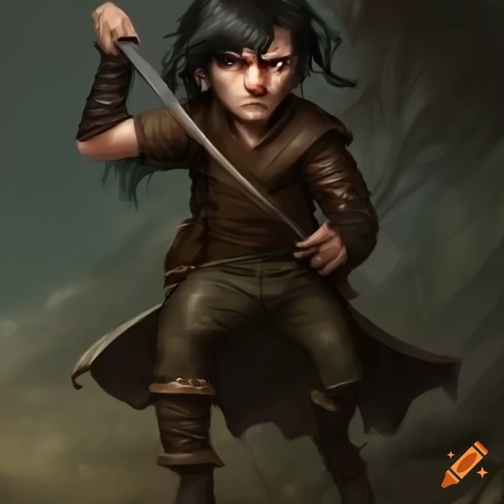Halfling with long black hair, green eyes, and wielding throwing knives ...