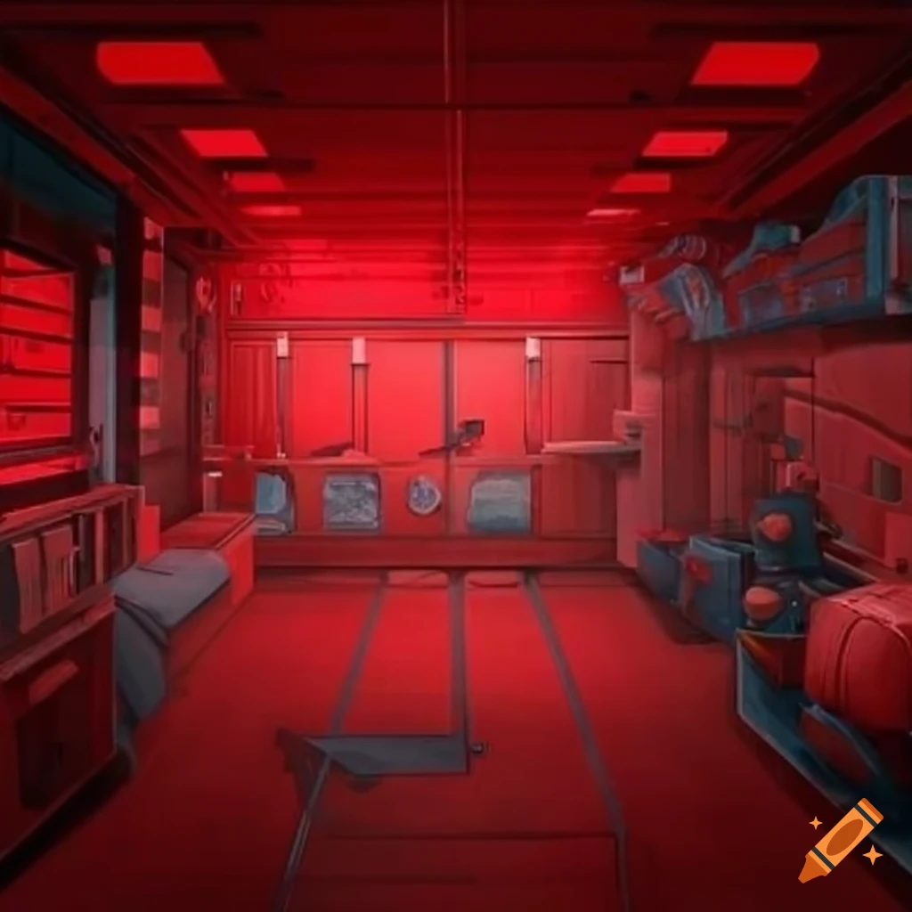 Rectangular industrial spaceship interior with red tones and domestic ...