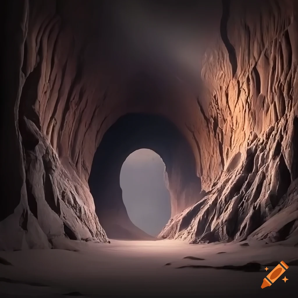 Interior of a tall rock cave with torch-lit rough walls in a barren ...