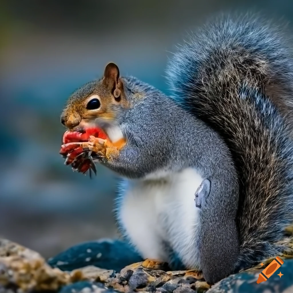 A fantasy art of a unique squirrel creature on a rocky beach on Craiyon