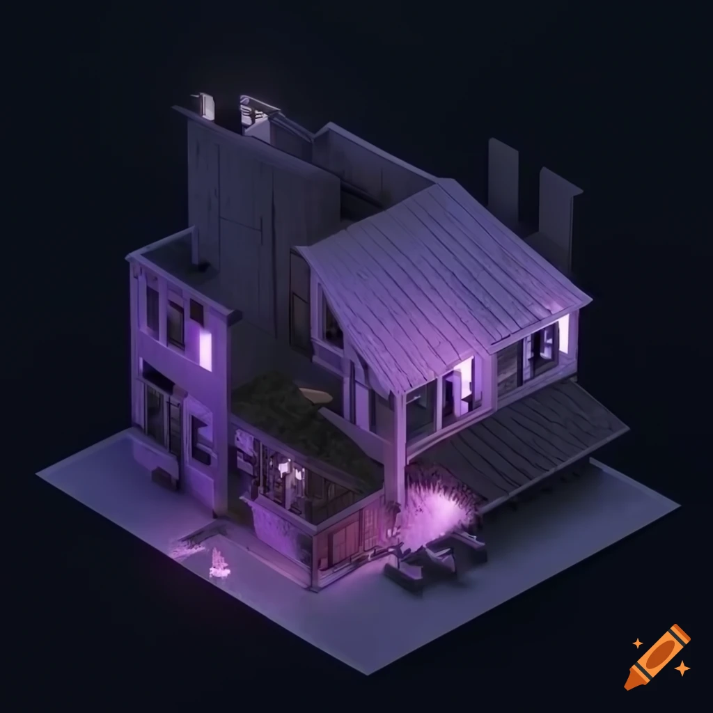 Isometric house under construction in mystical forest glade with ...