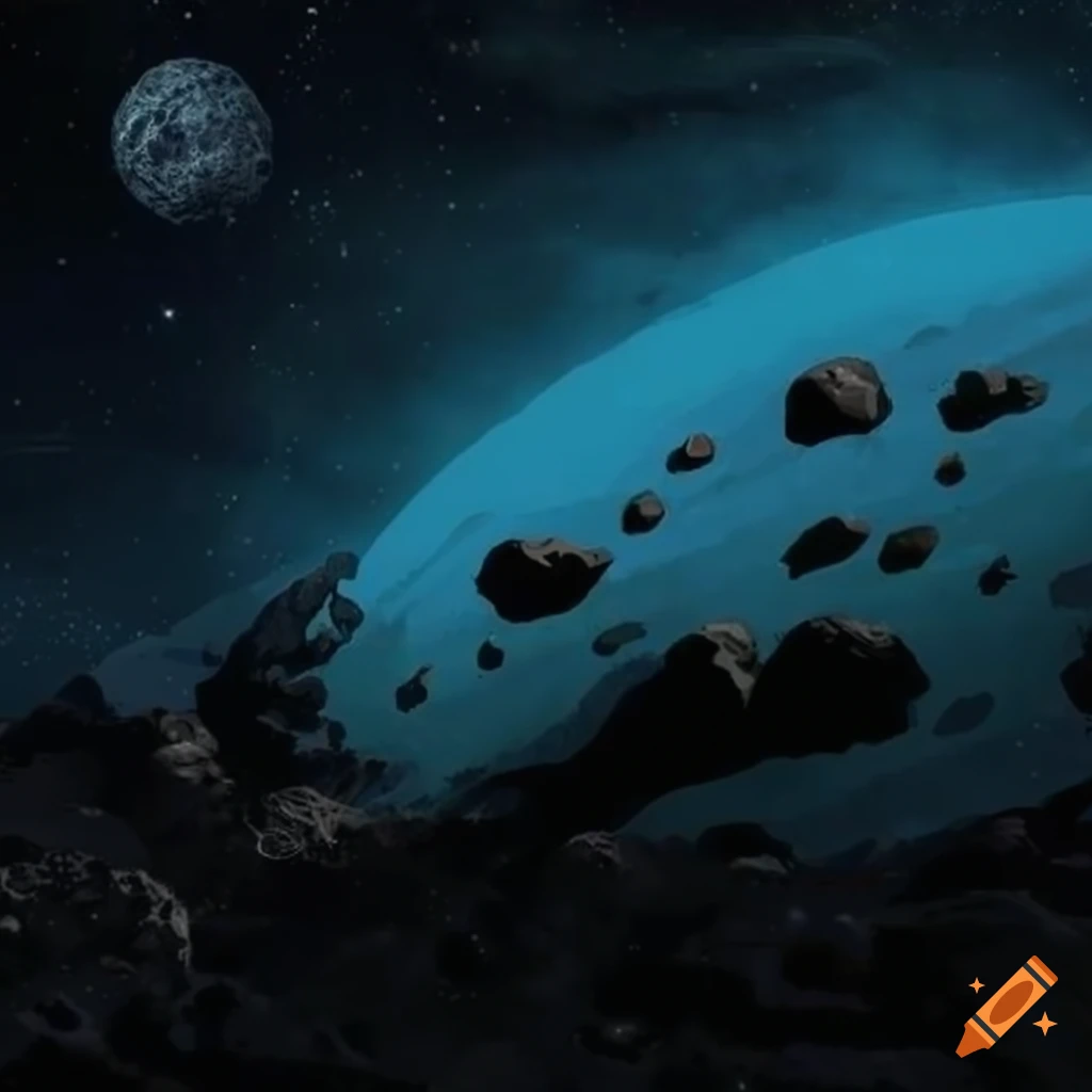 Asteroid field depicted in a comic book style on Craiyon
