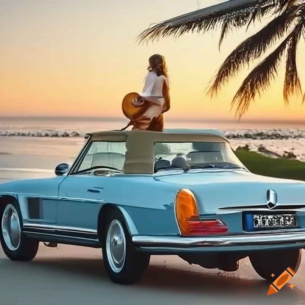 Baby blue convertible mercedes 280 sl on a beach road with a guitar in ...