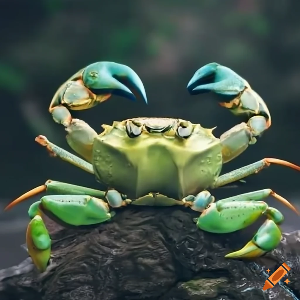 Giant green crab emerging from a volcano with a coin on Craiyon