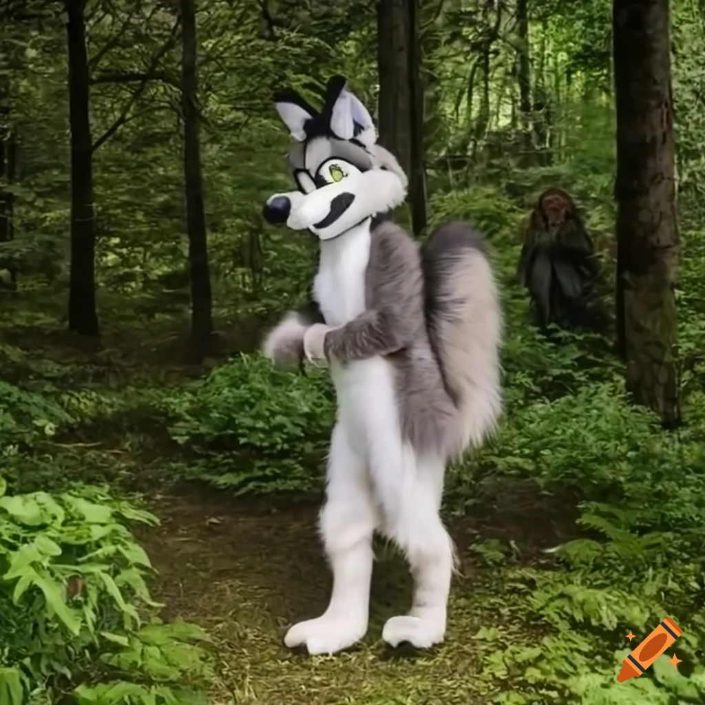 Tall dad in wolf fursuit standing in woodland with elegant posture on ...