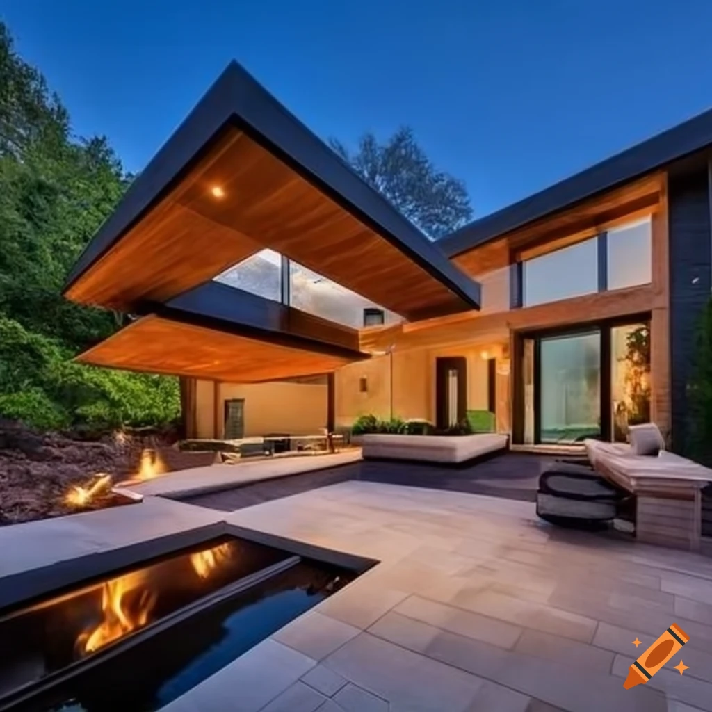 Modern home with spacious backyard water and fire features on Craiyon