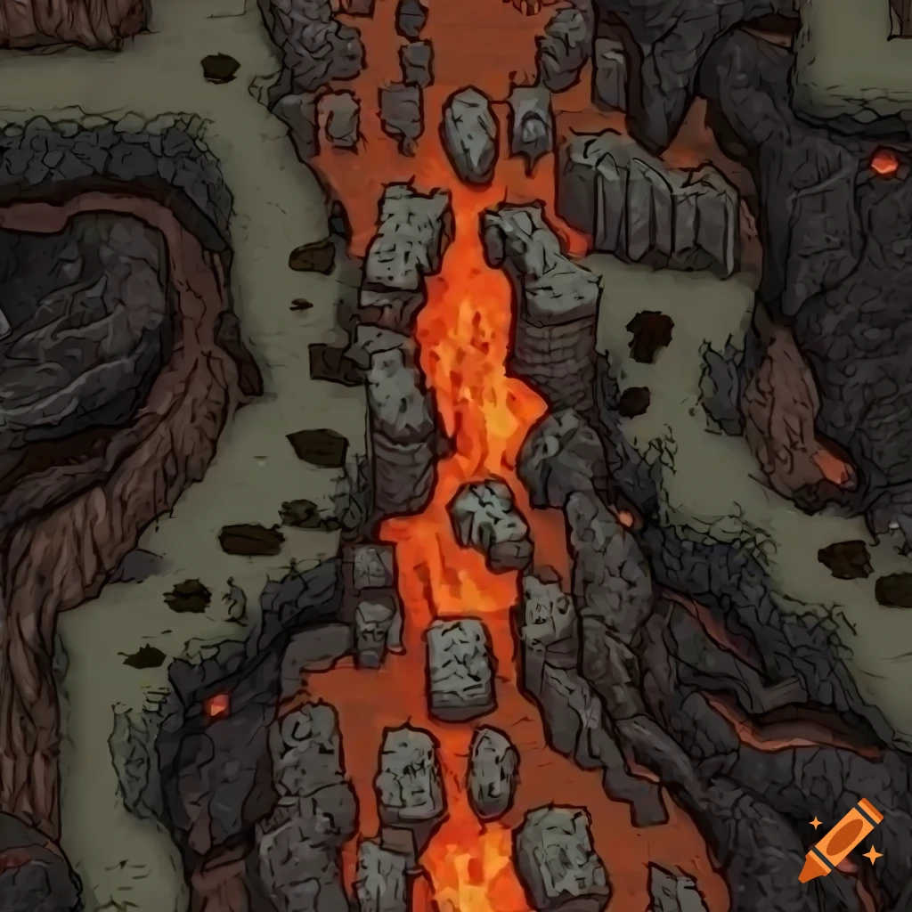 Top-down view of a path by a lava river and castle ruins in an rpg maker tileset on Craiyon
