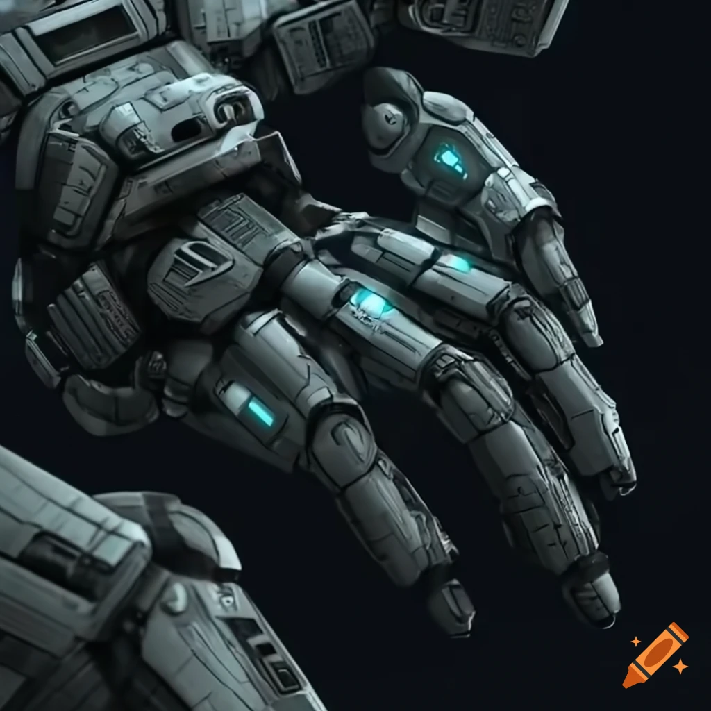 Close-up of a futuristic mech hand with clean, streamlined epic design ...