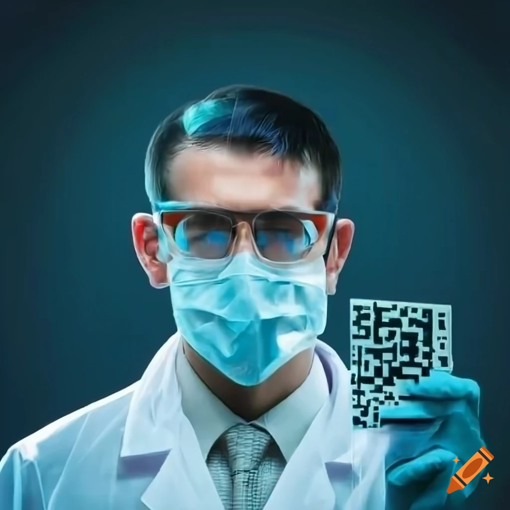 Scientist in white lab coat with personal badge and QR code on Craiyon