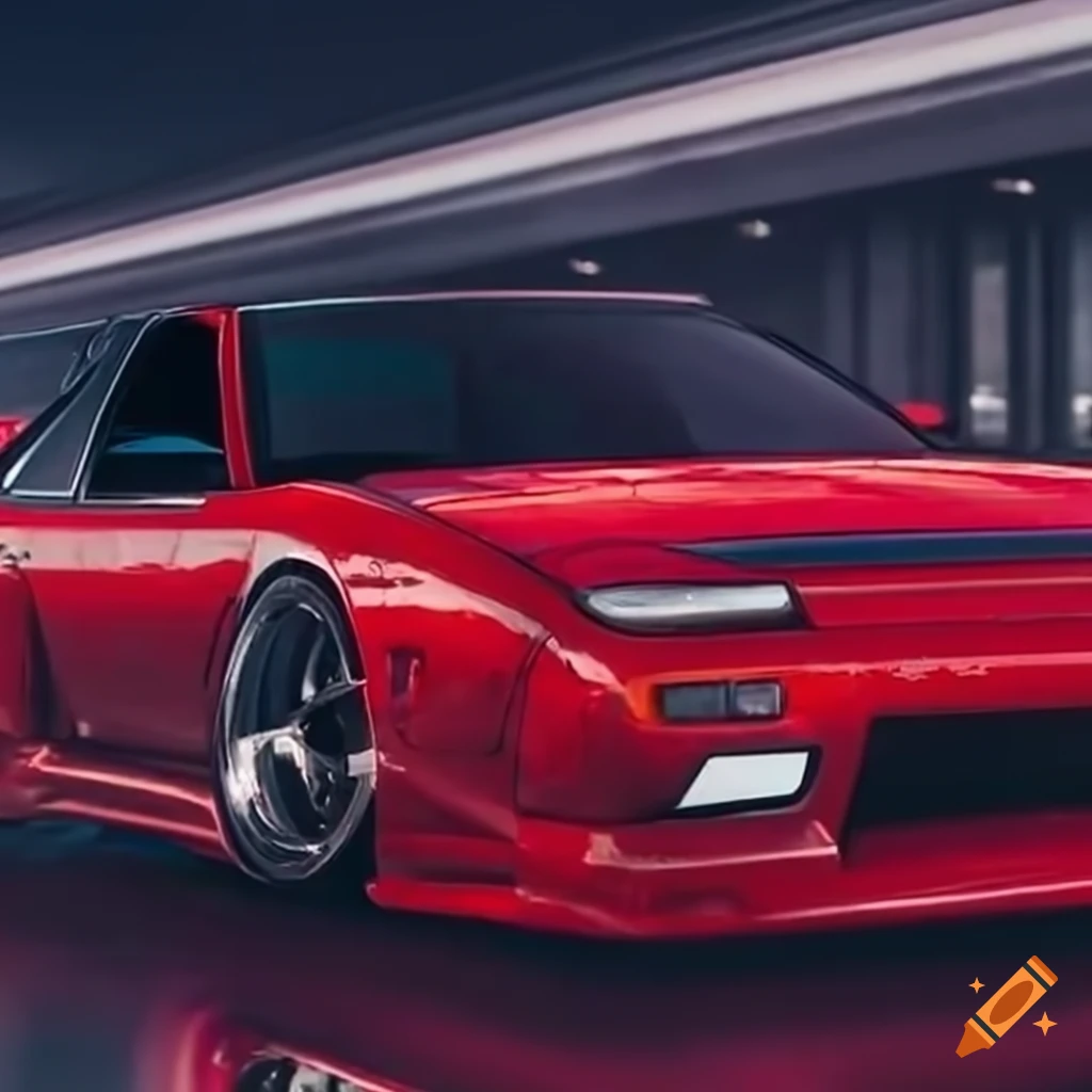 Red Nissan 180sx with a large spoiler driving in the city on Craiyon