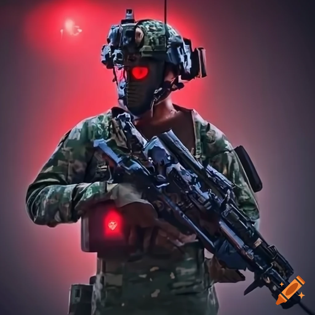 Military operator with red glowing eyes in combat on Craiyon