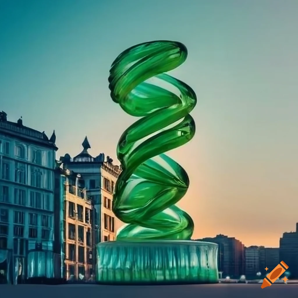 Translucent green glass sculpture in city shaped like a roman vase on ...