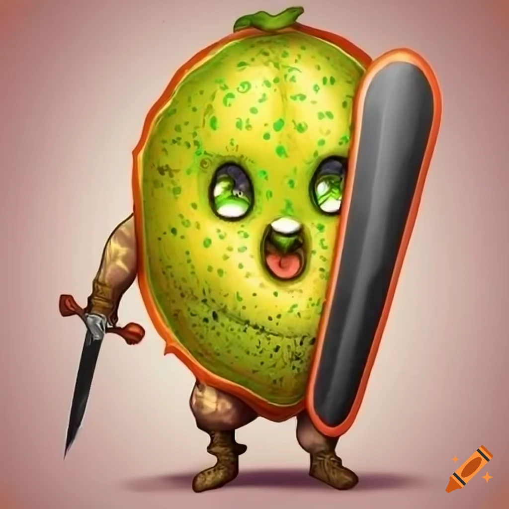 Anthropomorphic lemon with shield and sword ready for battle on Craiyon