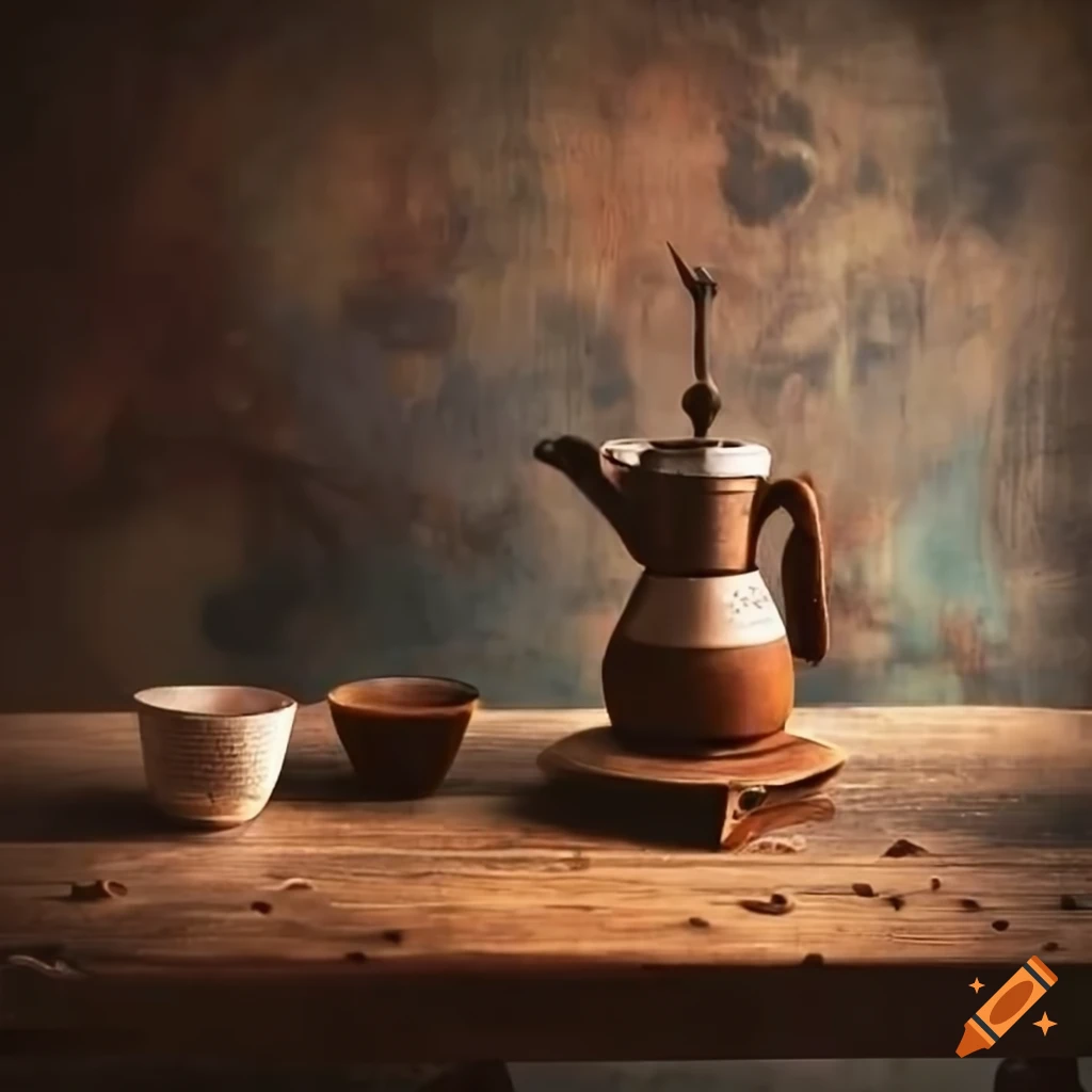 Cozy rustic coffee maker on a wooden table with medieval scenery in the ...