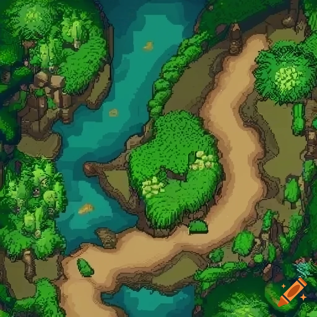 Top-down 2D pixel art of a jungle river on a sunny day on Craiyon