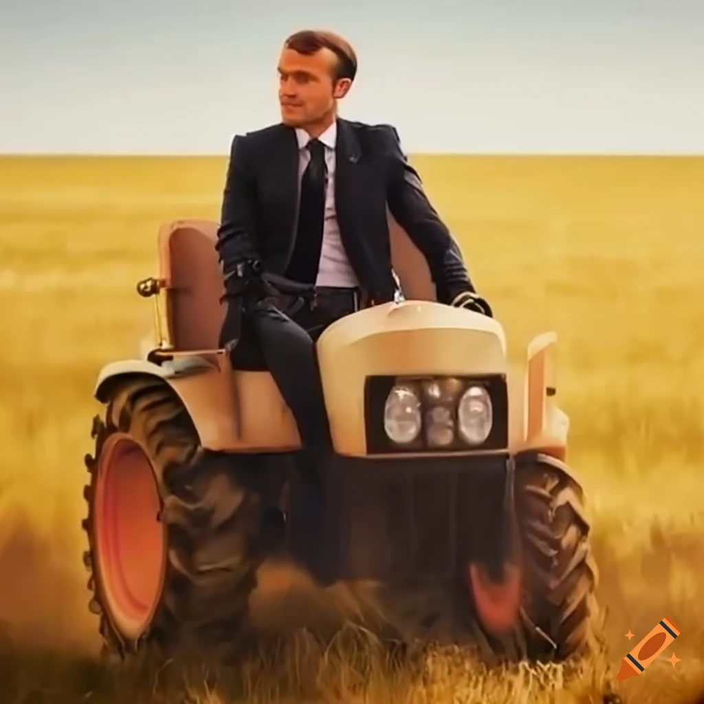 Emmanuel macron riding a tractor in the field on Craiyon
