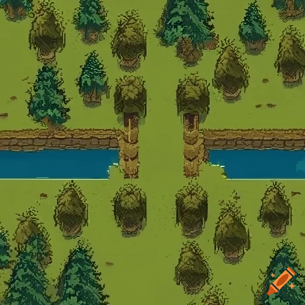 2d artwork of a sunny day with pine trees, lake, and forest on Craiyon