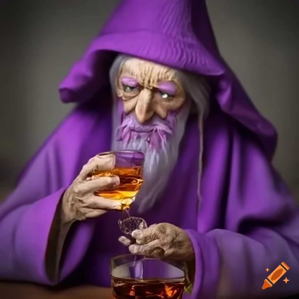 Realistic wizard in purple drinking from a bottle on Craiyon