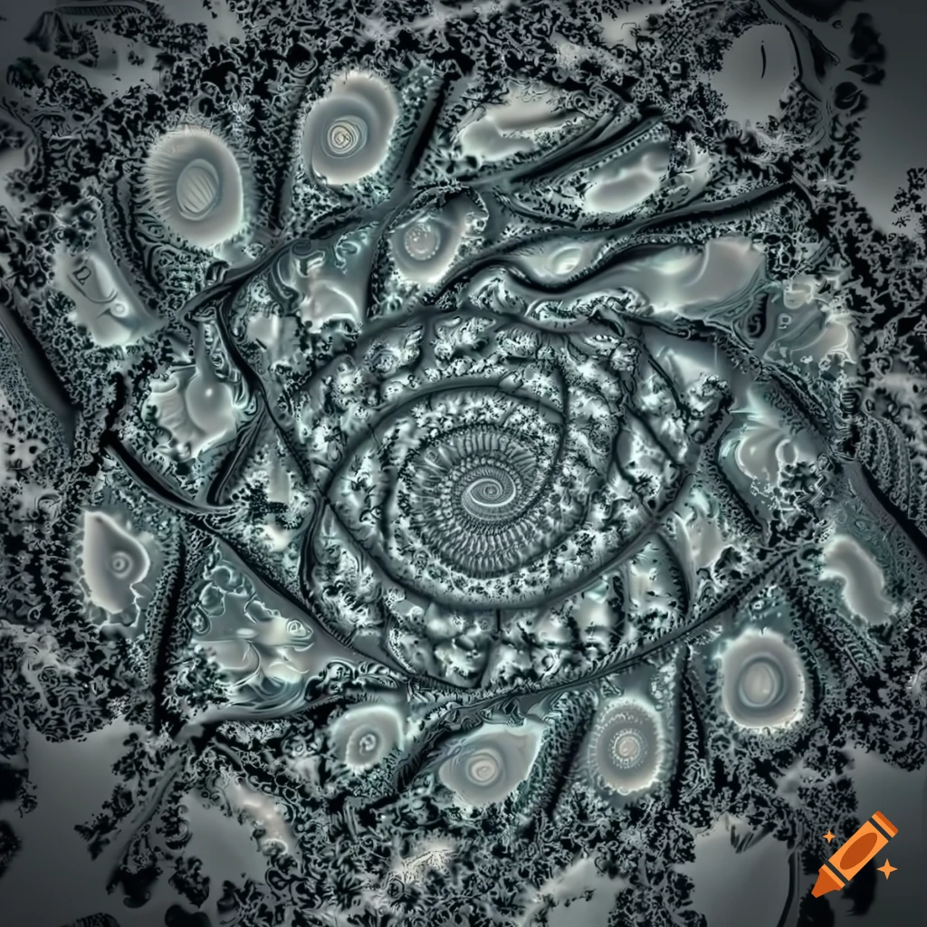 Spiral with irregularities and fractals in a drawing on Craiyon