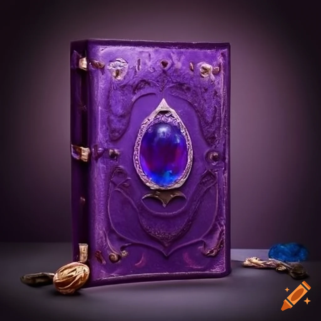 Spellbook of a wizard with purple leather binding and blue oval gem on ...