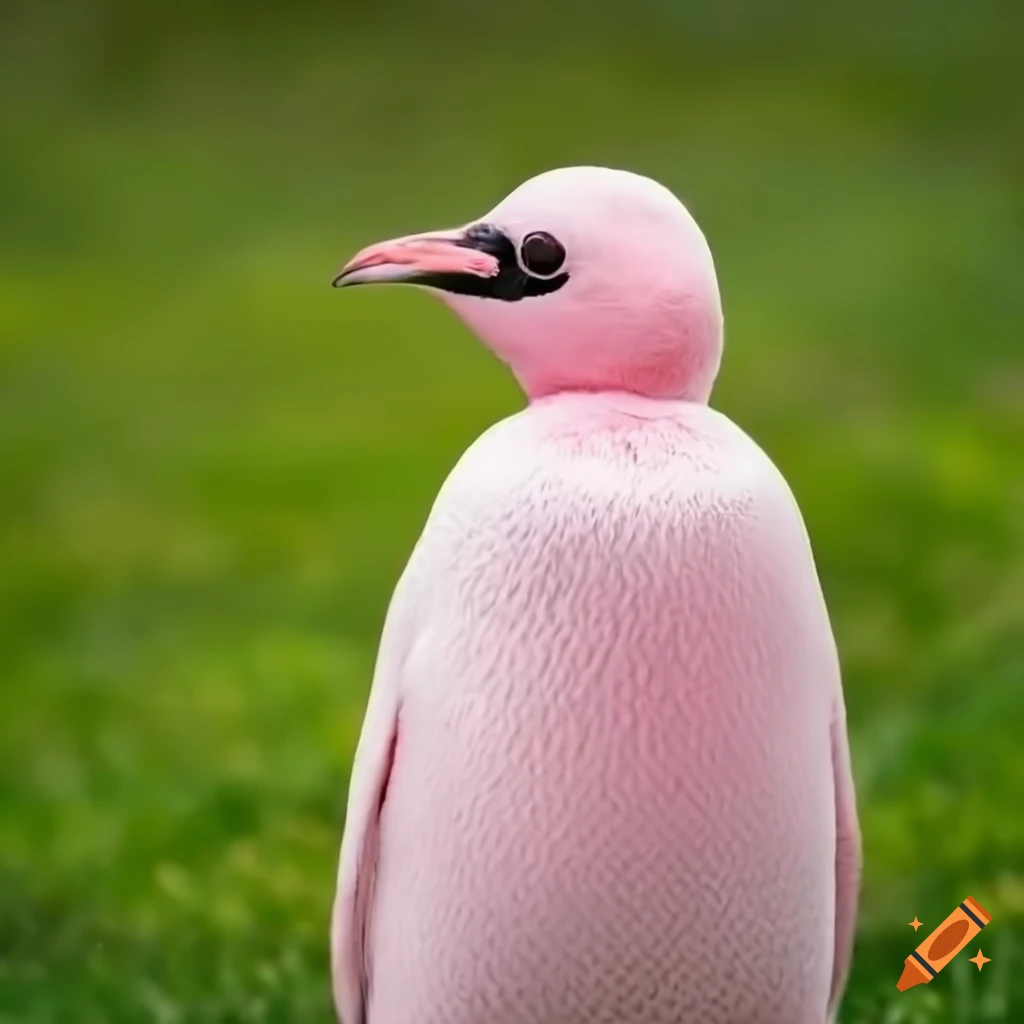 Pink penguin walking a man in a park on Craiyon