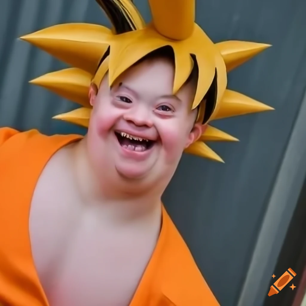 Joyful man cosplaying as goku and smiling on Craiyon