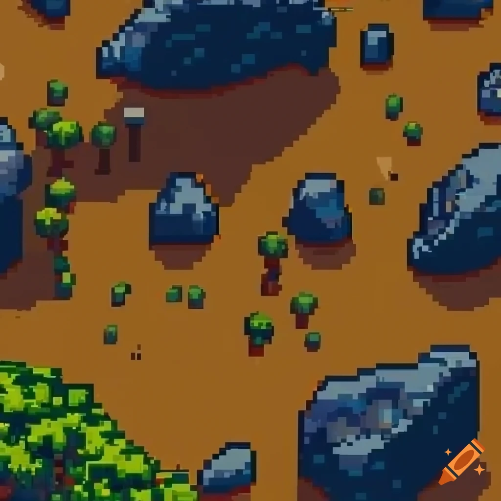 Pixel art of sunny day peninsula with large rocks, top down view on Craiyon