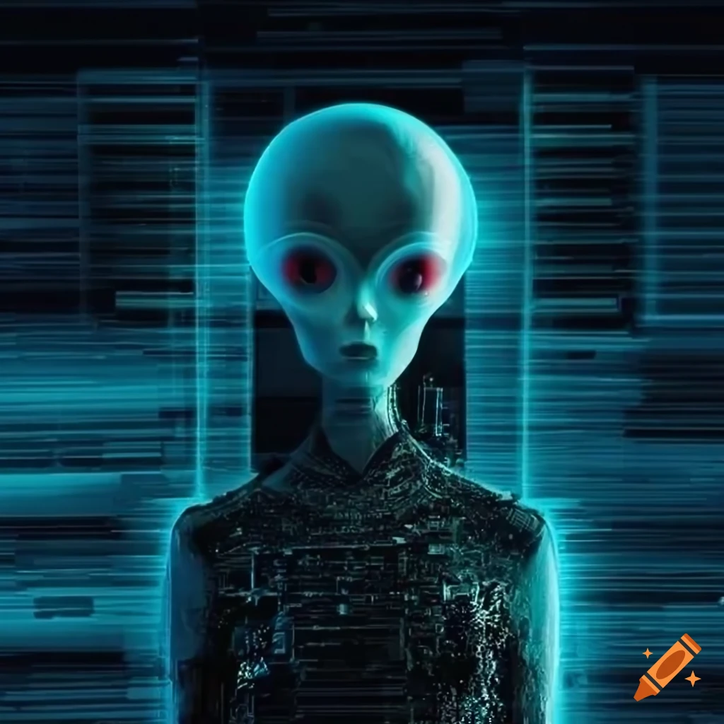 Surrealist alien's spaceship machine in front of computer windows on ...