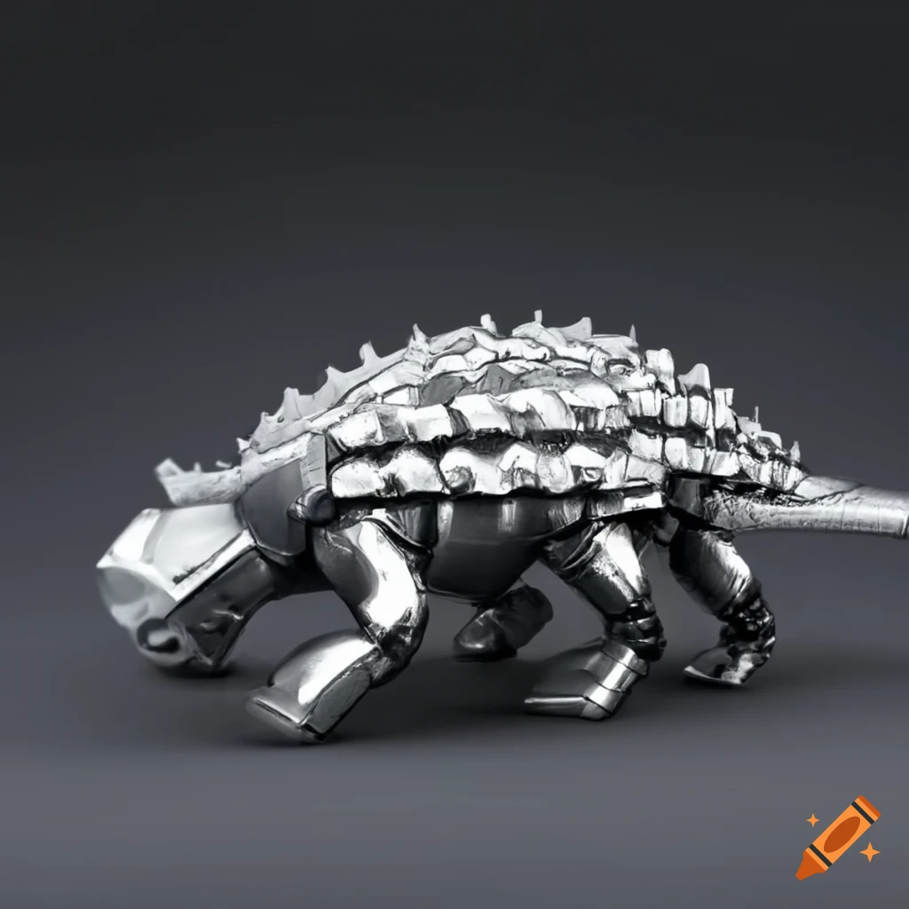 Silver metallic futuristic ankylosaurus-shaped robot on Craiyon
