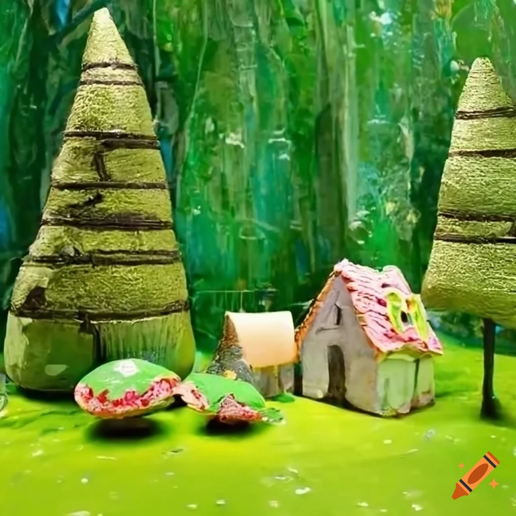 Enchanting paper mache village with green toilet paper forests and ...