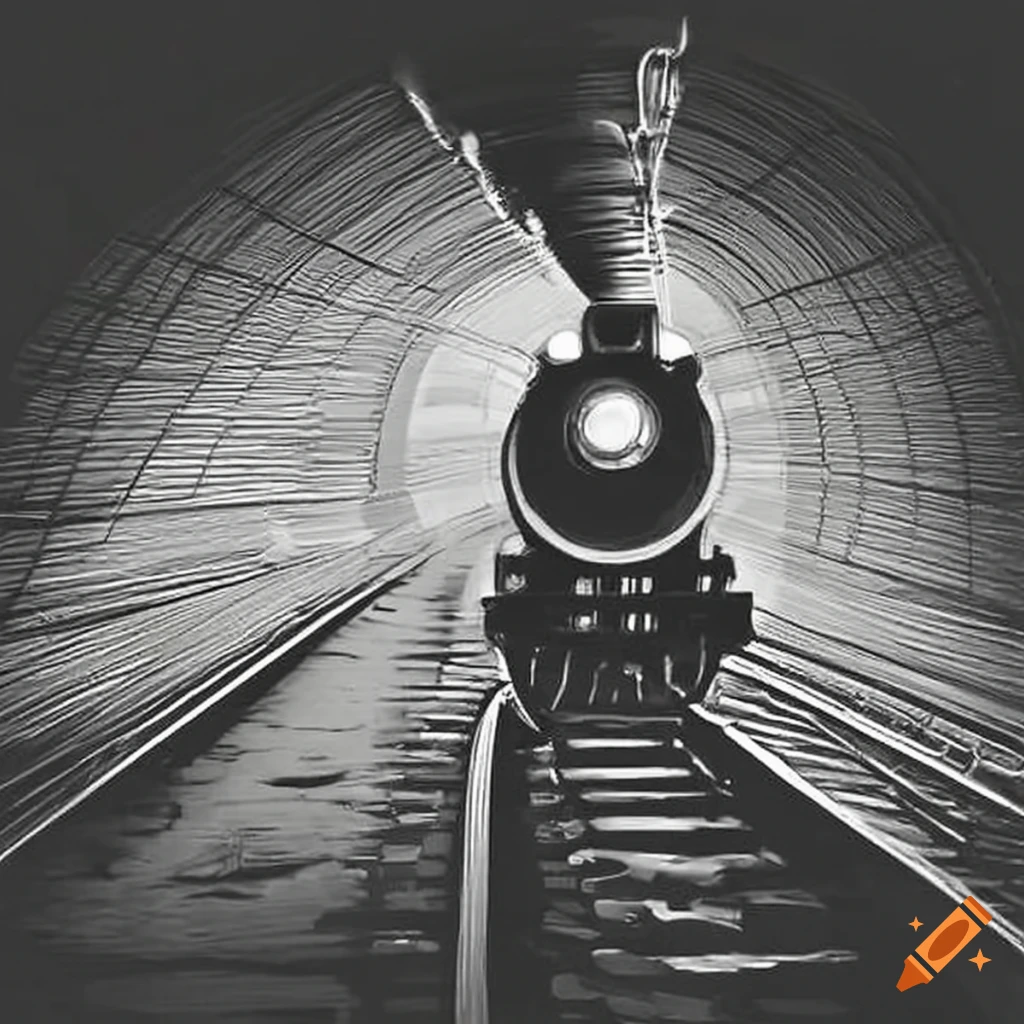 Train with bright headlights approaching on Craiyon