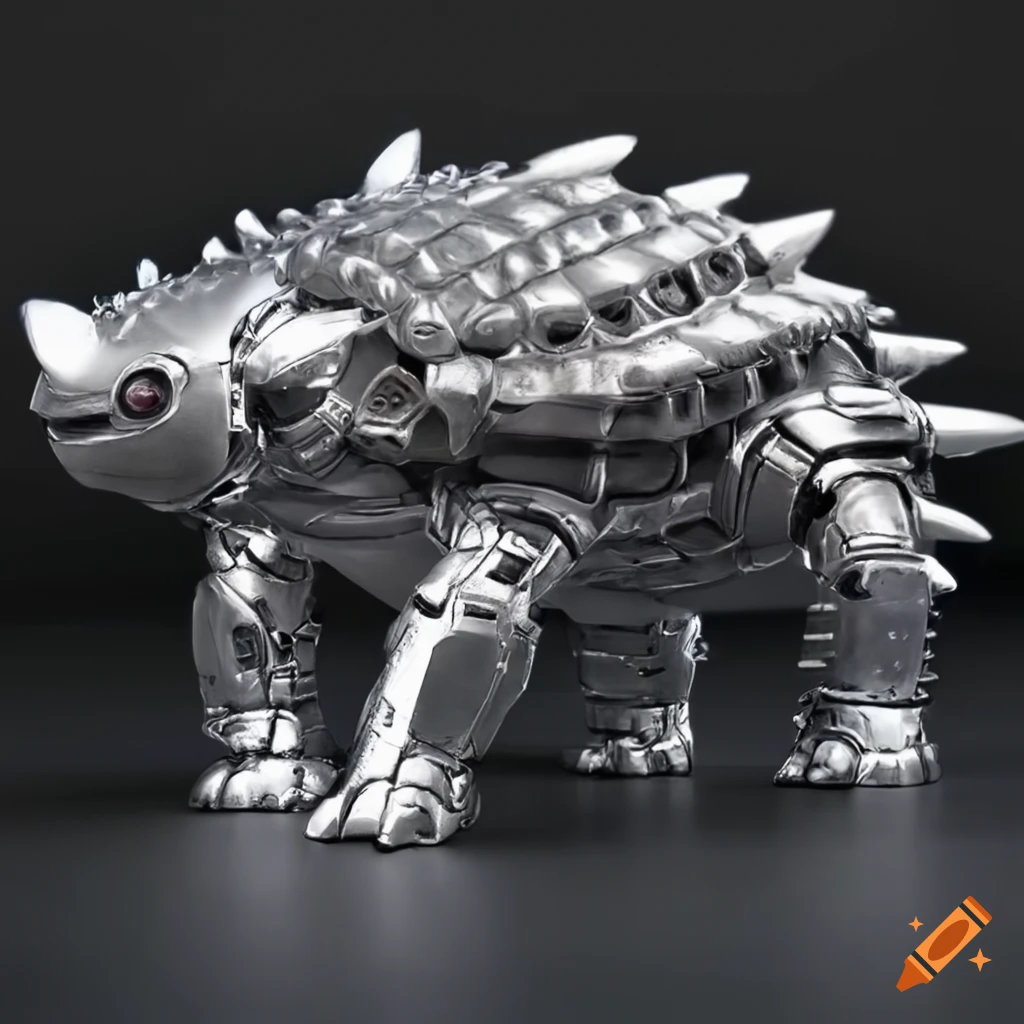 Silver metallic futuristic ankylosaurus-shaped robot on Craiyon