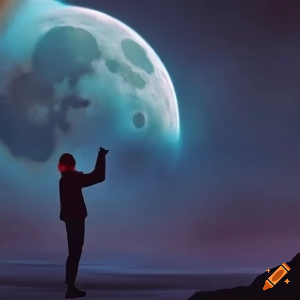 Person raising arm looking at the moon in a space setting on Craiyon