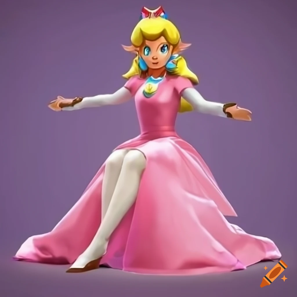 Character in princess Peach's pink silk ballgown and high heels sitting ...