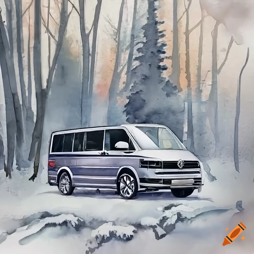 Volkswagen T6.1 Caravelle in a snow forest landscape on Craiyon