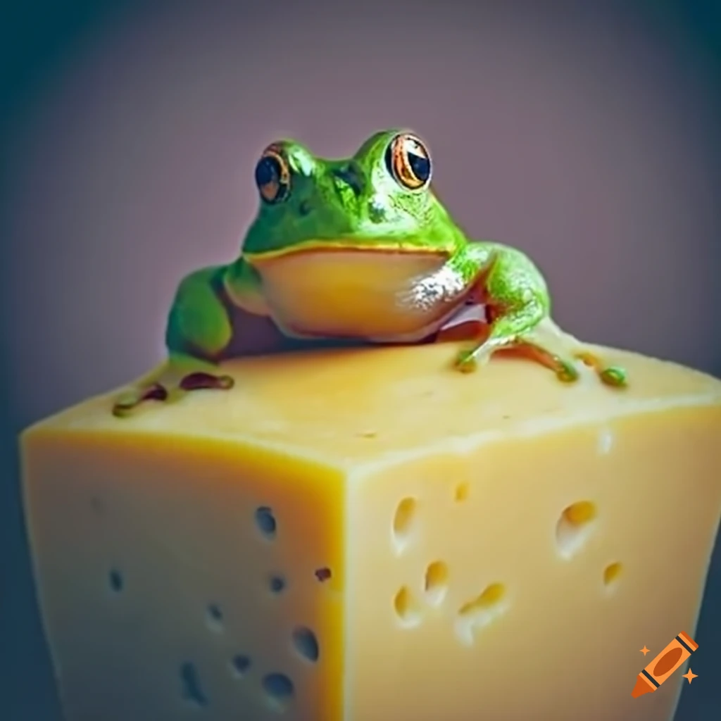 Frog standing on top of a block of cheese on Craiyon