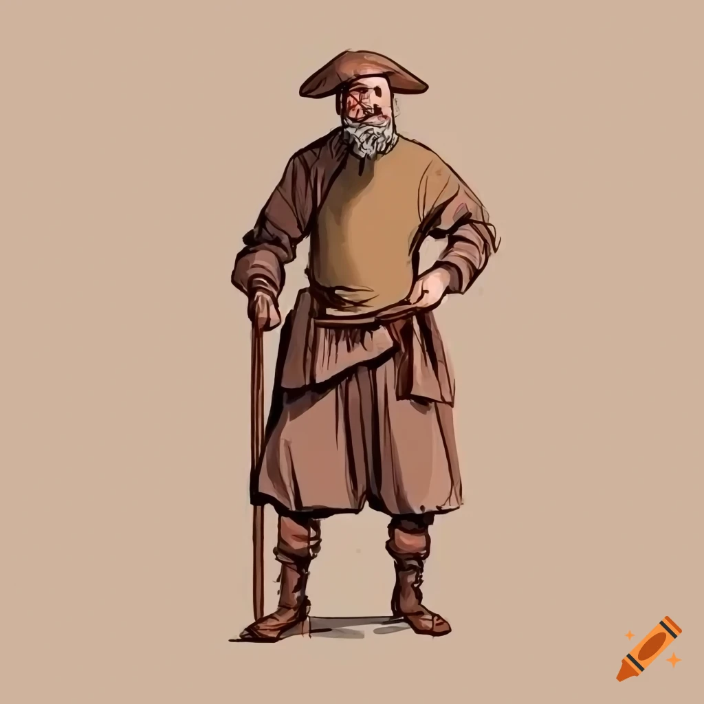 Comic style sketch drawing of a medieval peasant in full body portrait ...