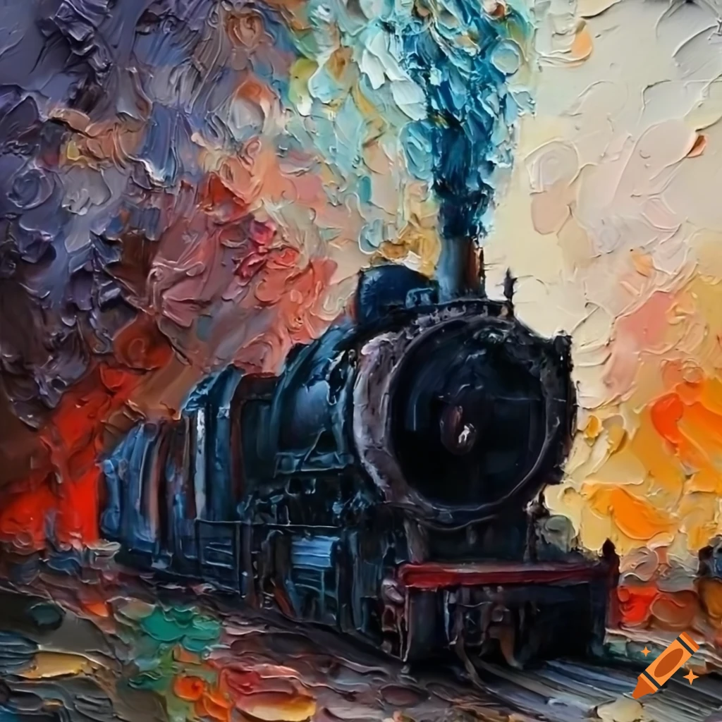 Old steam engine train in a gloomy scrap yard, impasto oil painting on ...