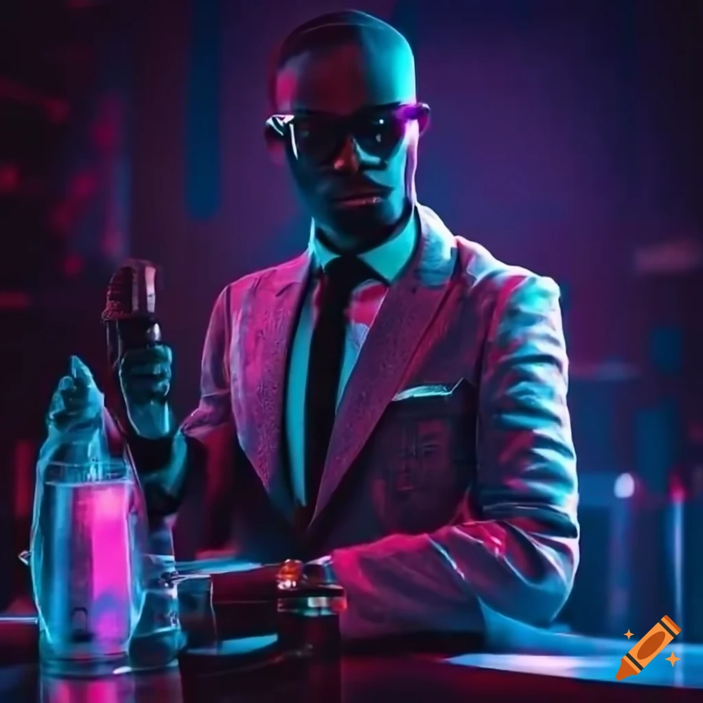 Stylish man enjoying a cocktail in a cyberpunk bar on Craiyon