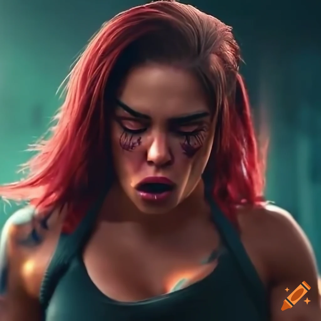 Female fighter in a movie fight scene showing dizzy expression on Craiyon