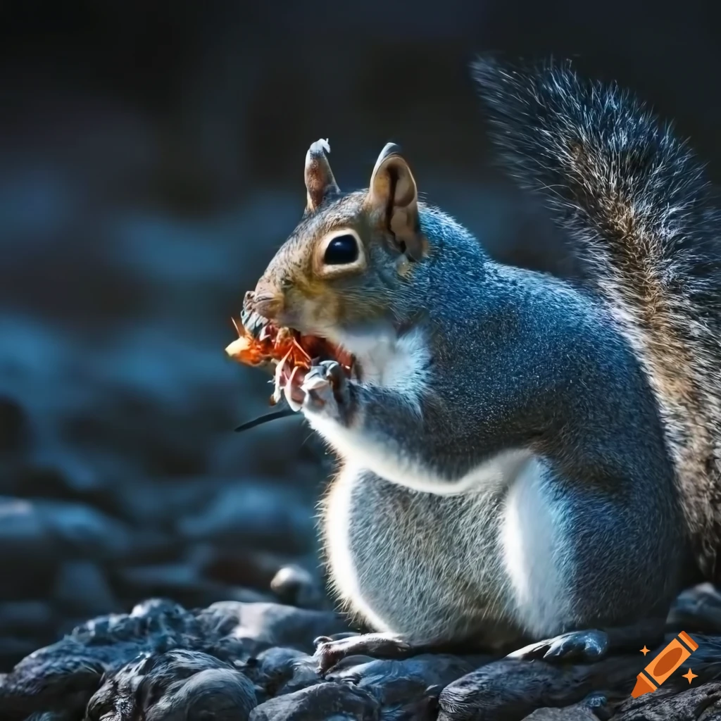 A fantasy art of a unique squirrel creature on a rocky beach on Craiyon