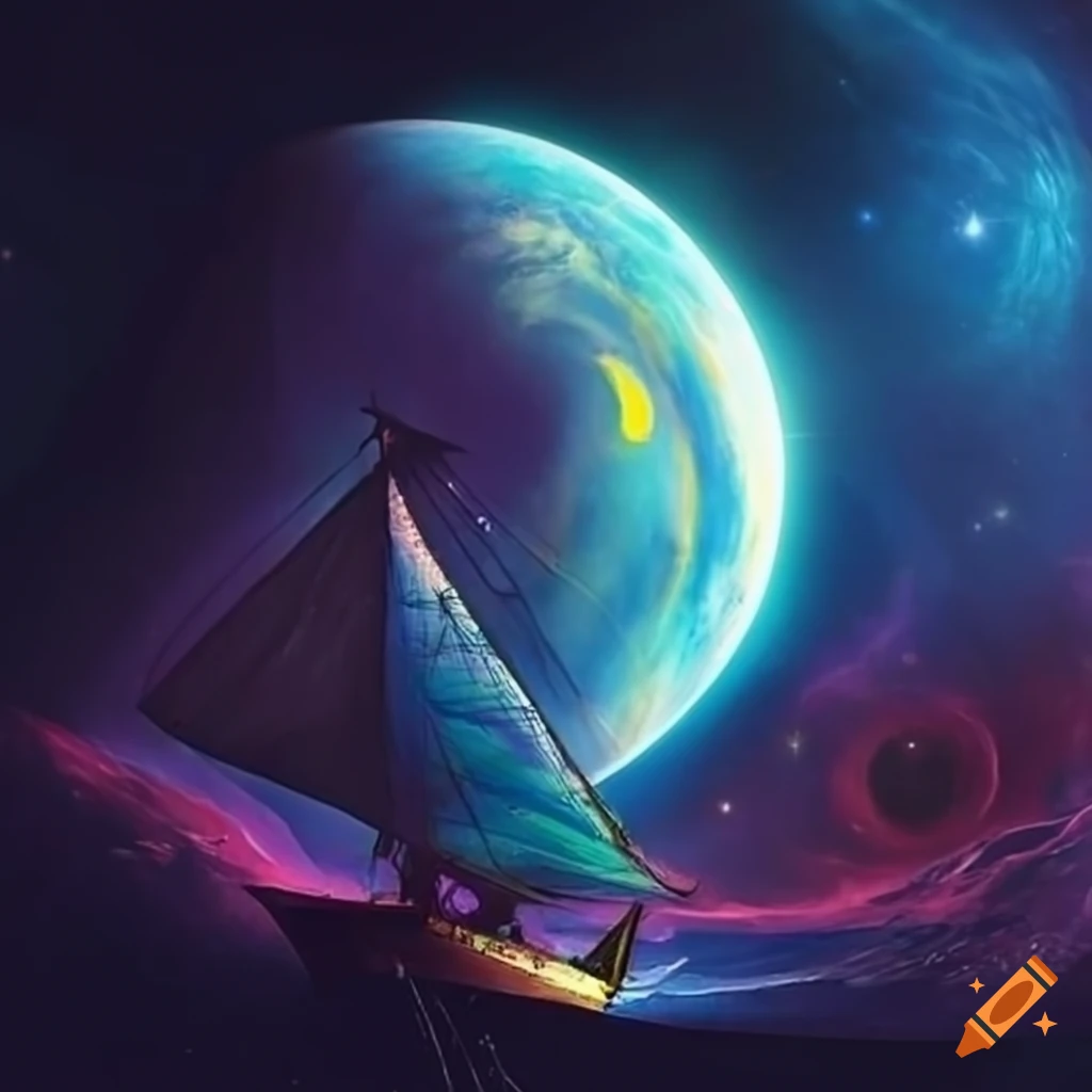 Sailing vessel in space with stars and planets in a surreal psychedelic ...