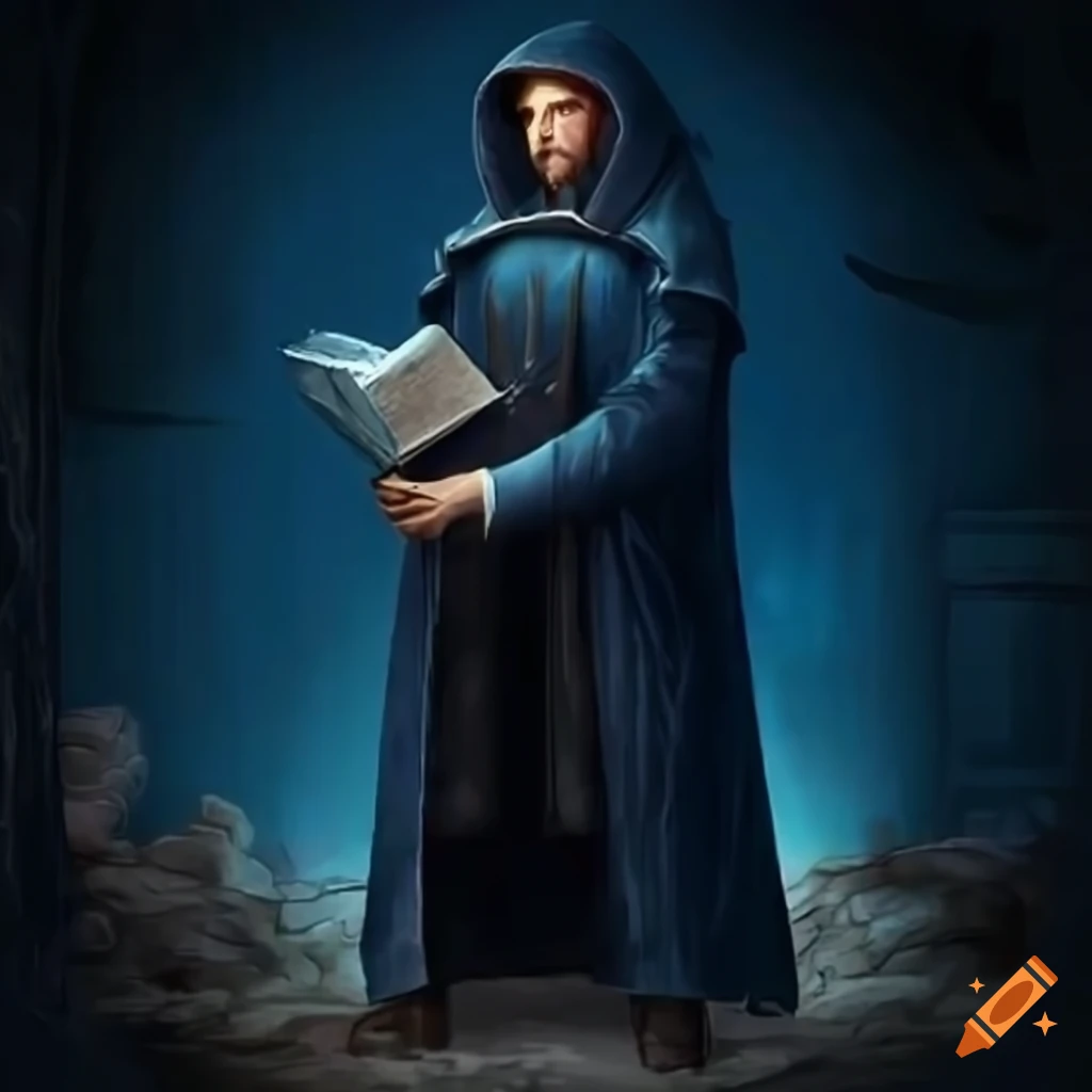 Tall male human wizard holding a spellbook in a medieval fantasy ...